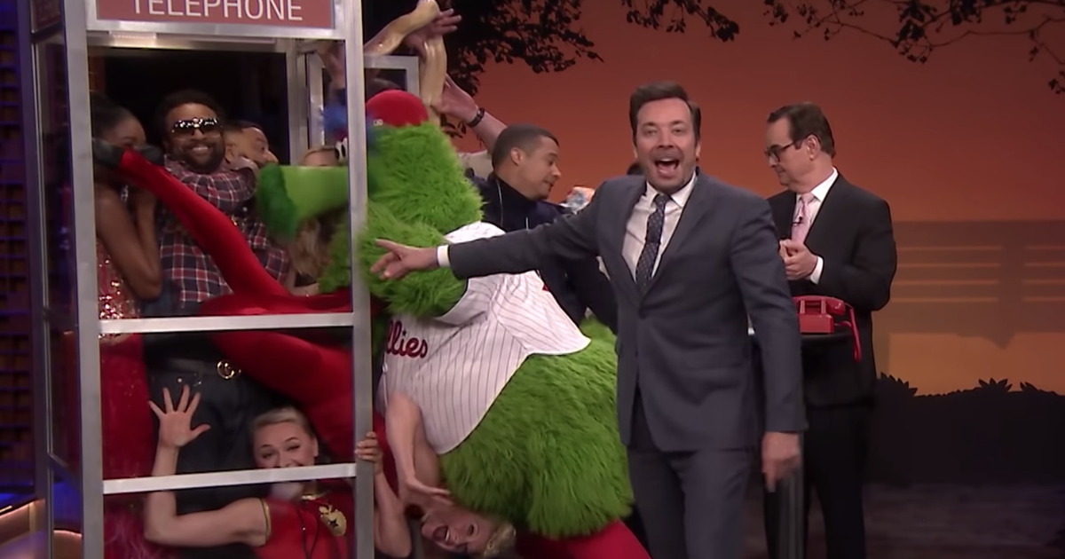 Jimmy Fallon puts Phillie Phanatic into a phone booth with Gabrielle ...